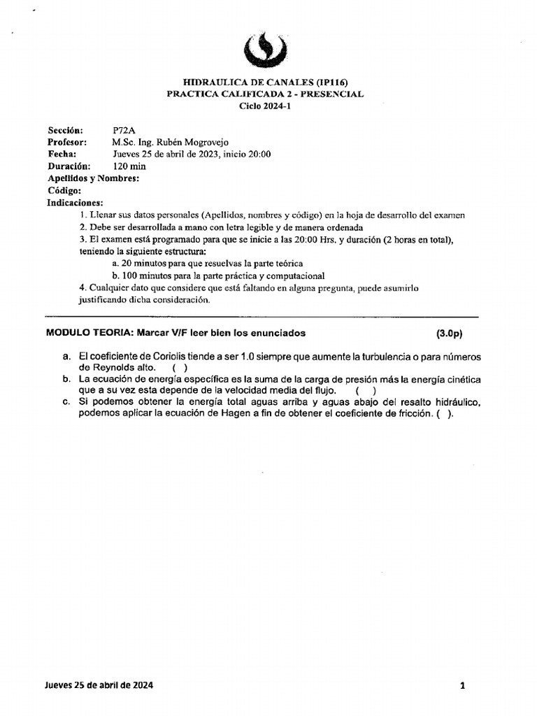 PC 02 Hidraulica Canales 2024 1 PDF