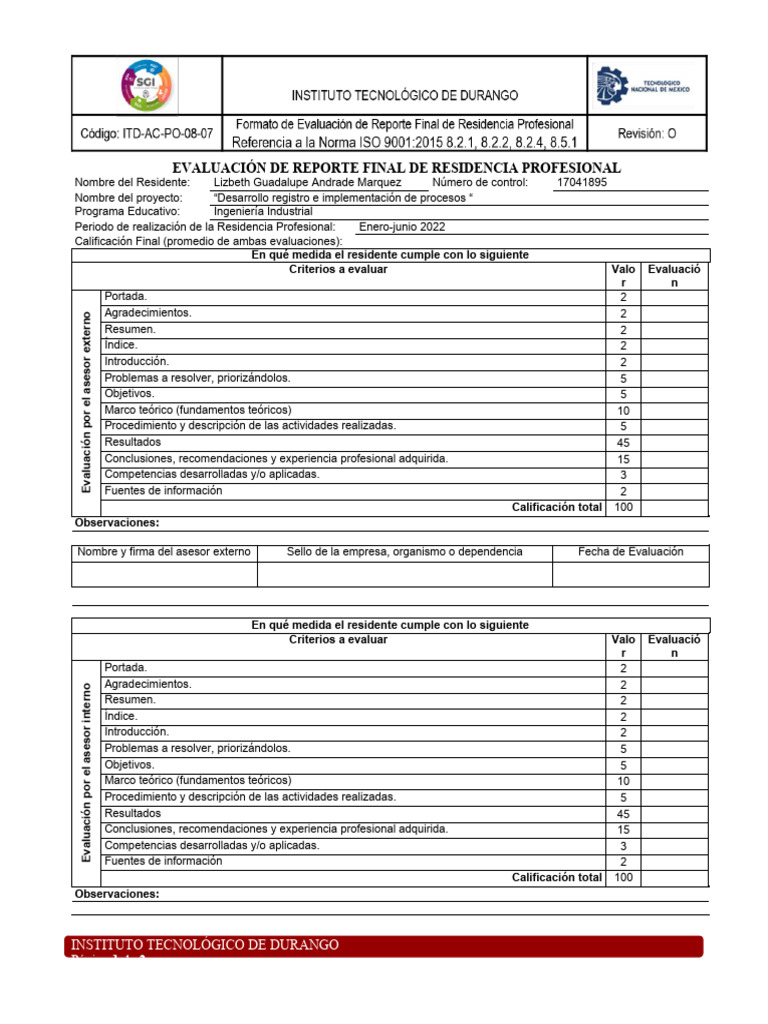ITD-AC-PO-08-07 Evaluacion de Reporte Final de Residencia Profesional | PDF | Evaluación