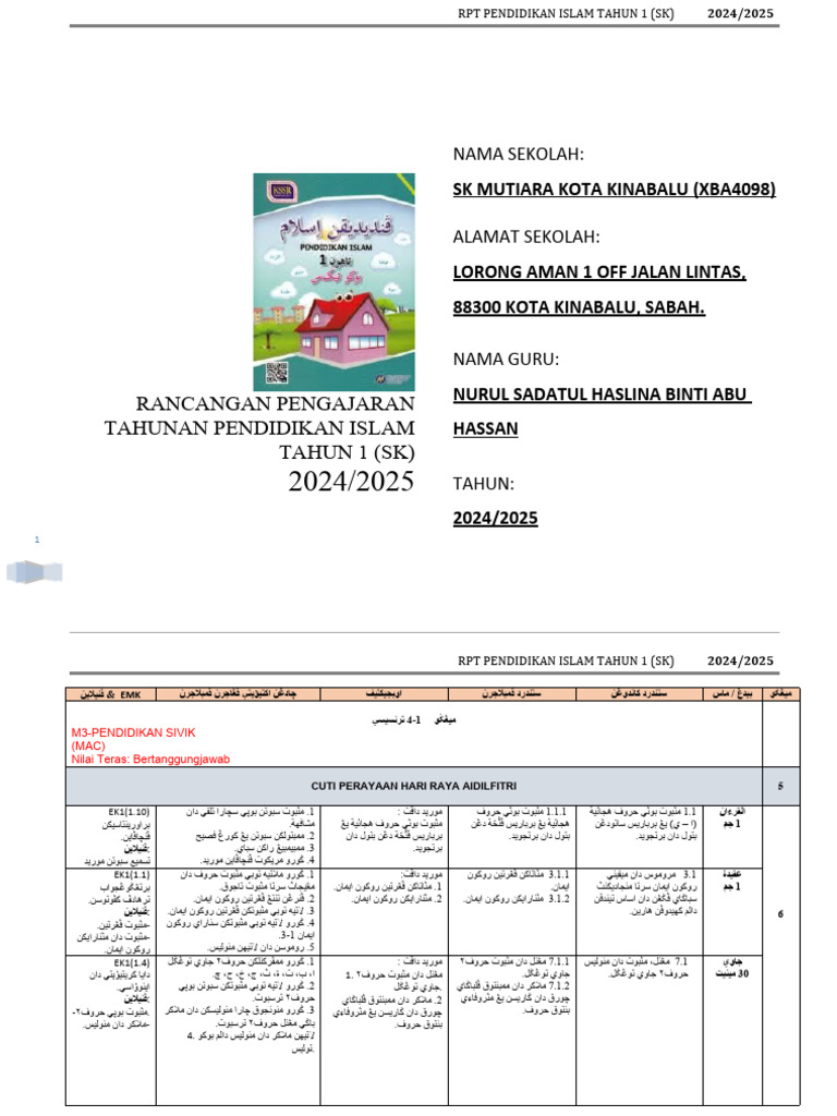 Rpt Pendidikan Islam Tahun 1 2024-2025 | PDF