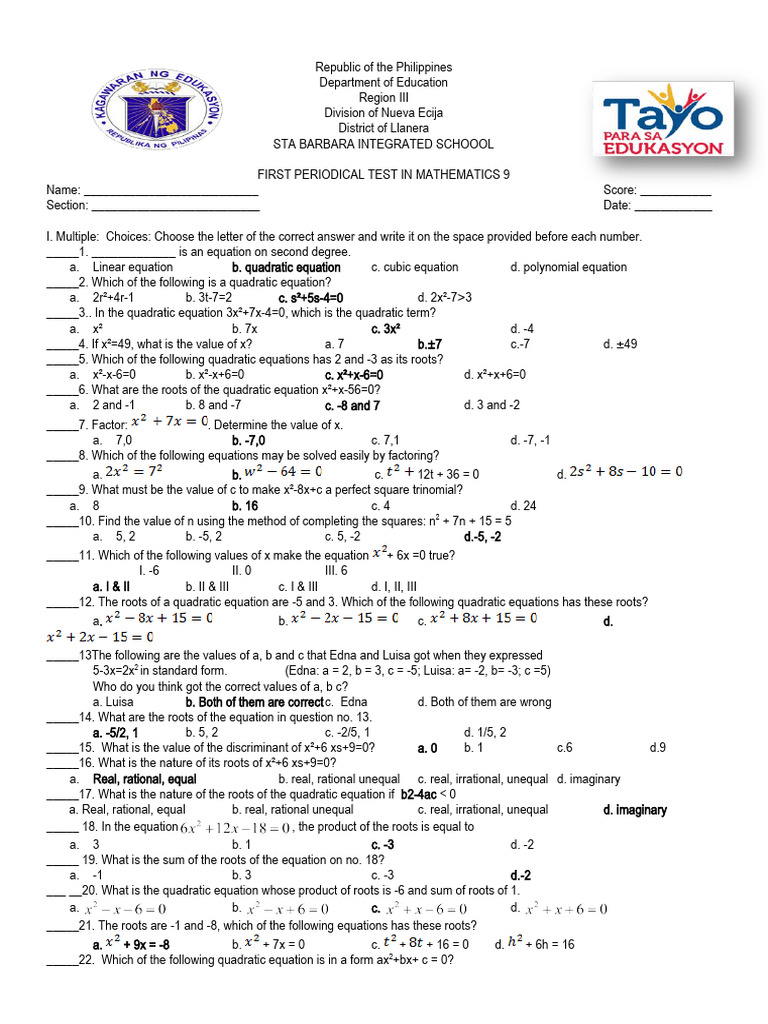 Math 9 | PDF | Quadratic Equation | Equations