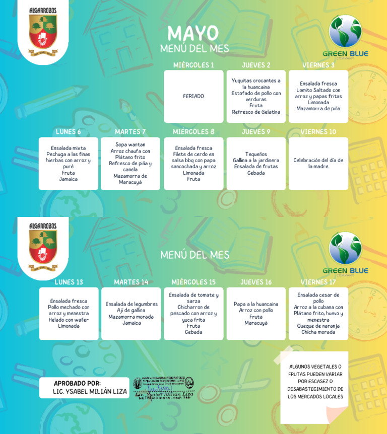 MENU MENSUAL MAYO ALGARROBOS | PDF | ensalada | Cocina