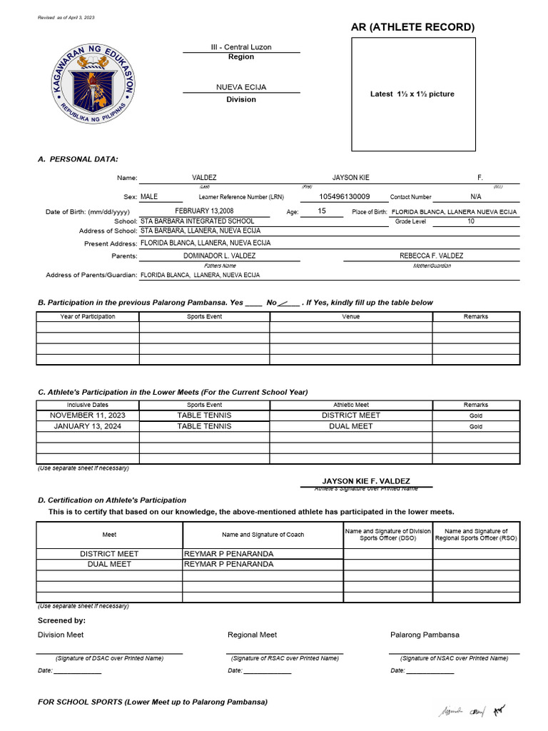 SBIS Athlete Record | PDF