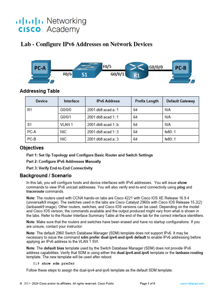12.9.2 Lab - Configure IPv6 Addresses On Network Devices | Download Free PDF | I Pv6 ...