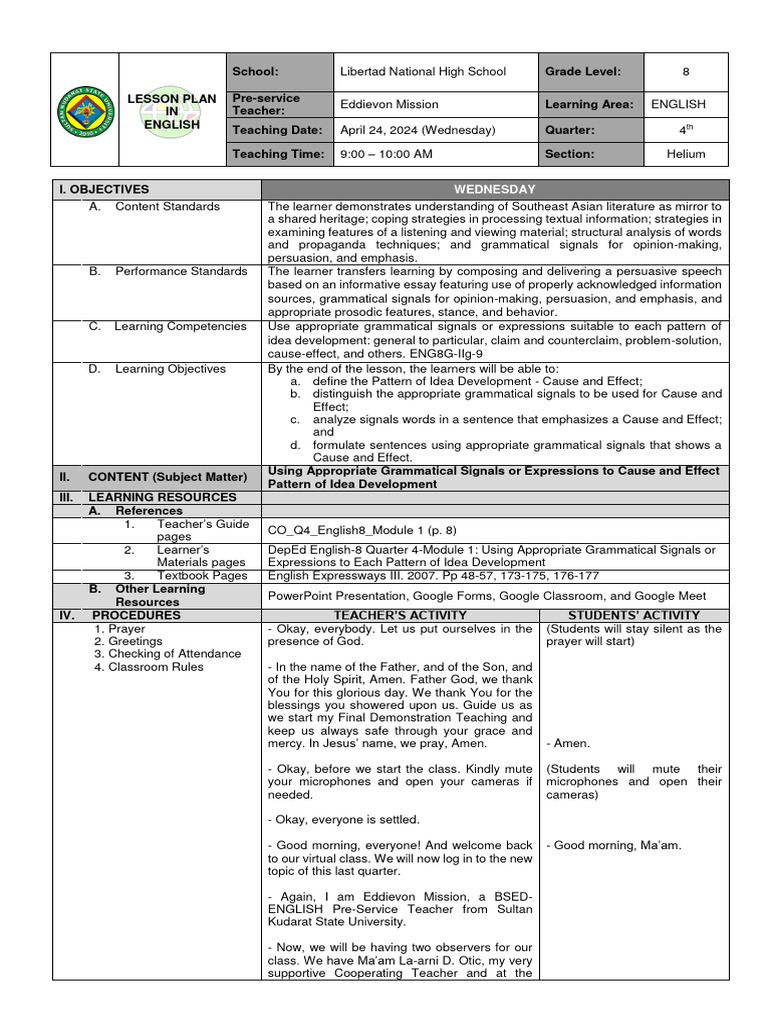 Detailed Lesson Plan On Cause & Effect | PDF | Causality | Question