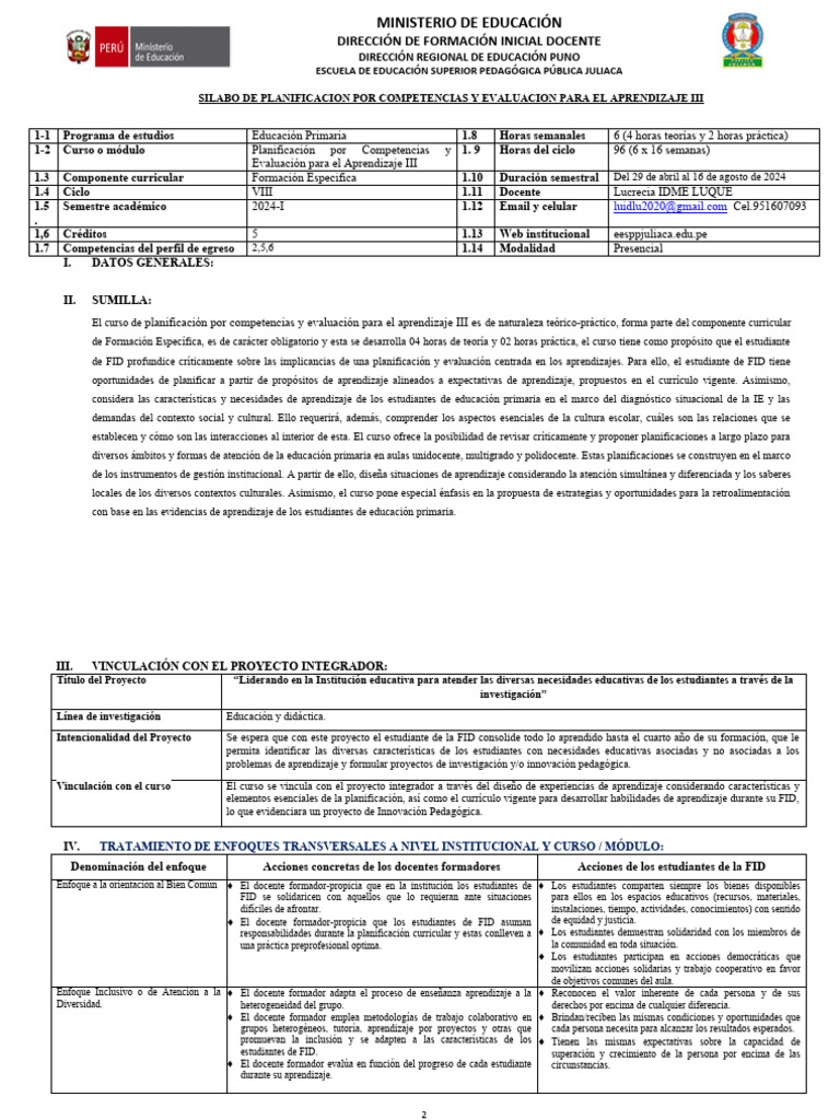 Silabo de Planf - Por.compet.y.eval - Para.aprendiz Viii Prim.2024 I | PDF | Evaluación | Plan ...