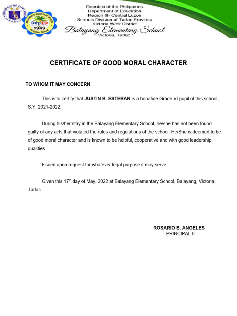 Certificate of Good Moral Character Grade Vi Sses | PDF | Morality ...
