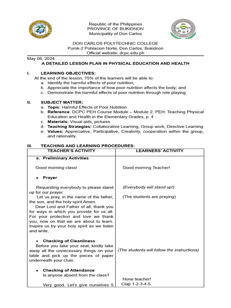 Detailed Lesson Plan 2024 Update: PEH: Harmful Effects of Poor ...