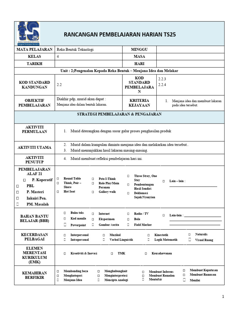 RPH RBT Tahun 4 Unit 2 Pengenalan Kepada Reka Bentuk 2.2.3 Menjana Idea ...
