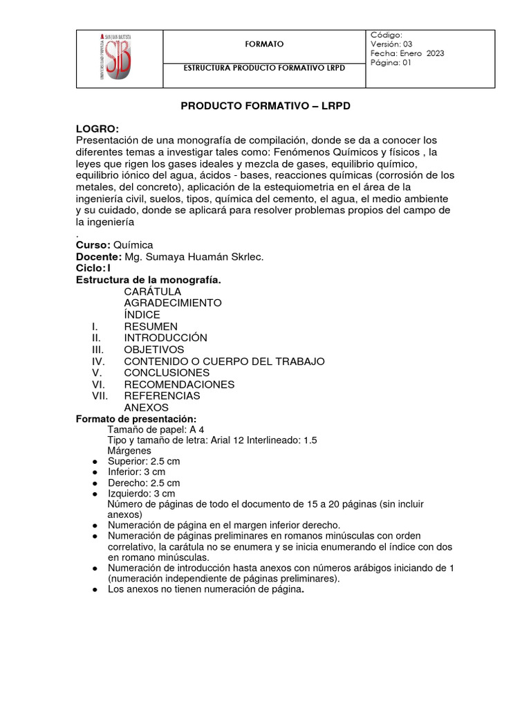 Producto Formativo LRPD Química | PDF