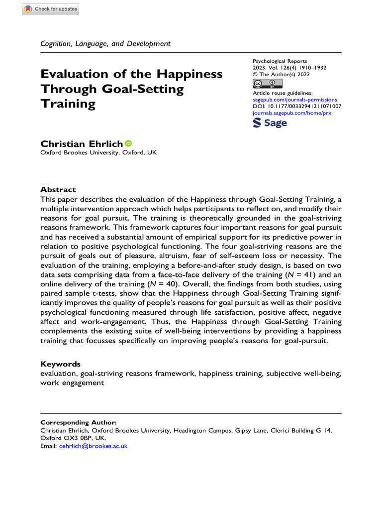 Evaluating Happiness Goal-Setting Training | PDF | Motivational ...