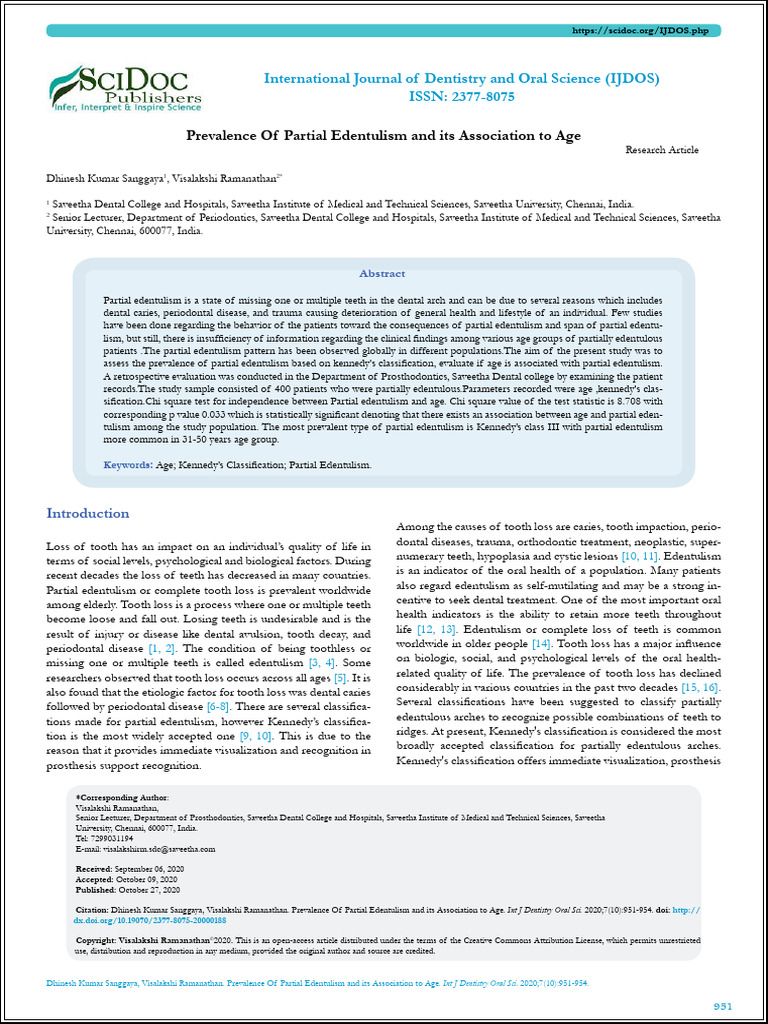 Prevalence of Partial Edentulism and Its | Download Free PDF | Human ...