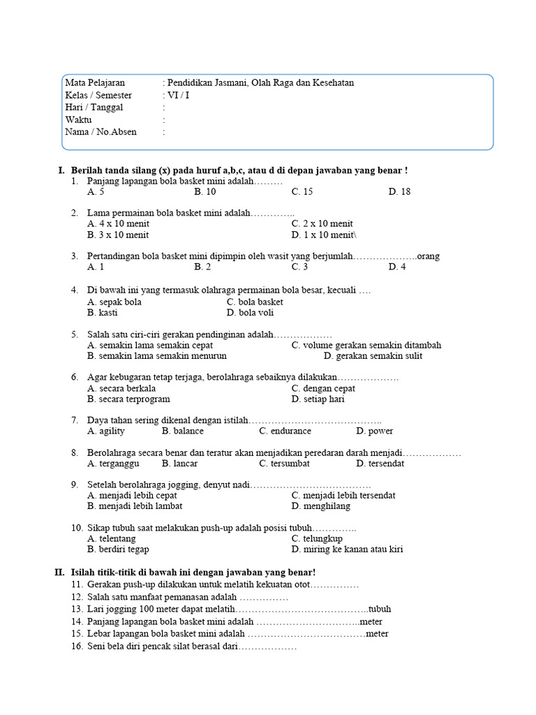 Soal PAS PJOK Kelas 6 | PDF