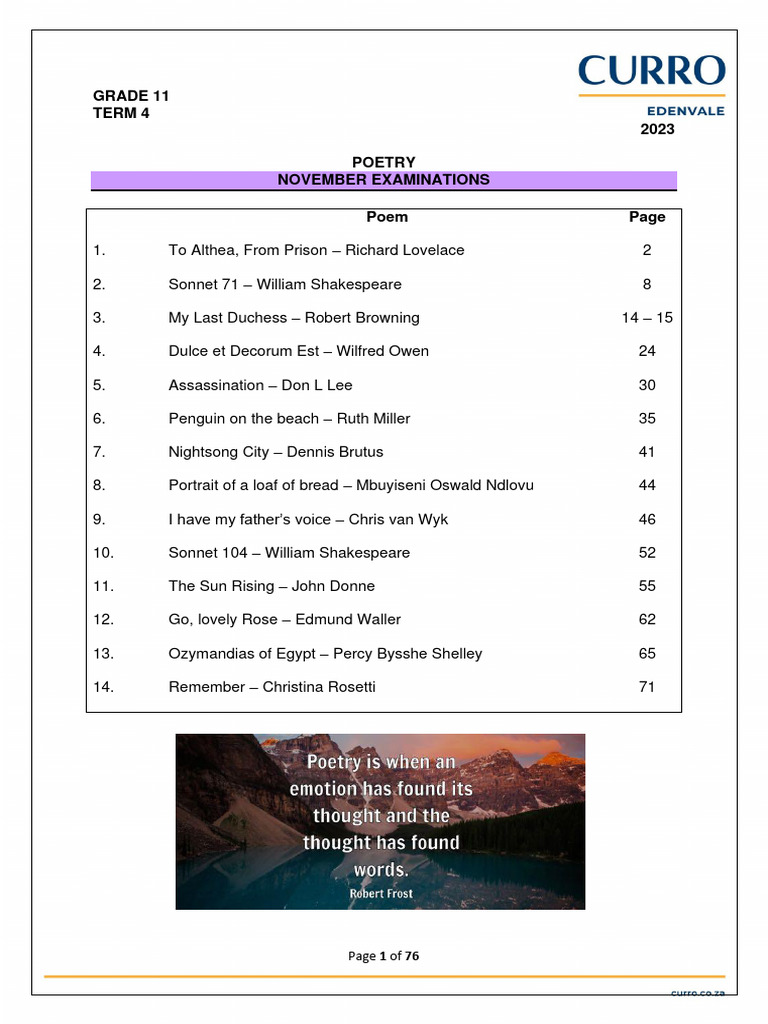 Grade 11 Final Poetry Booklet | PDF | Bracket | Poetry Grade 11 Final Poetry Booklet | PDF | Bracket | Poetry