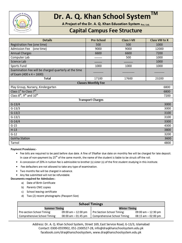 Dr. A. Q. Khan School Fee Structure | PDF | Educational Stages