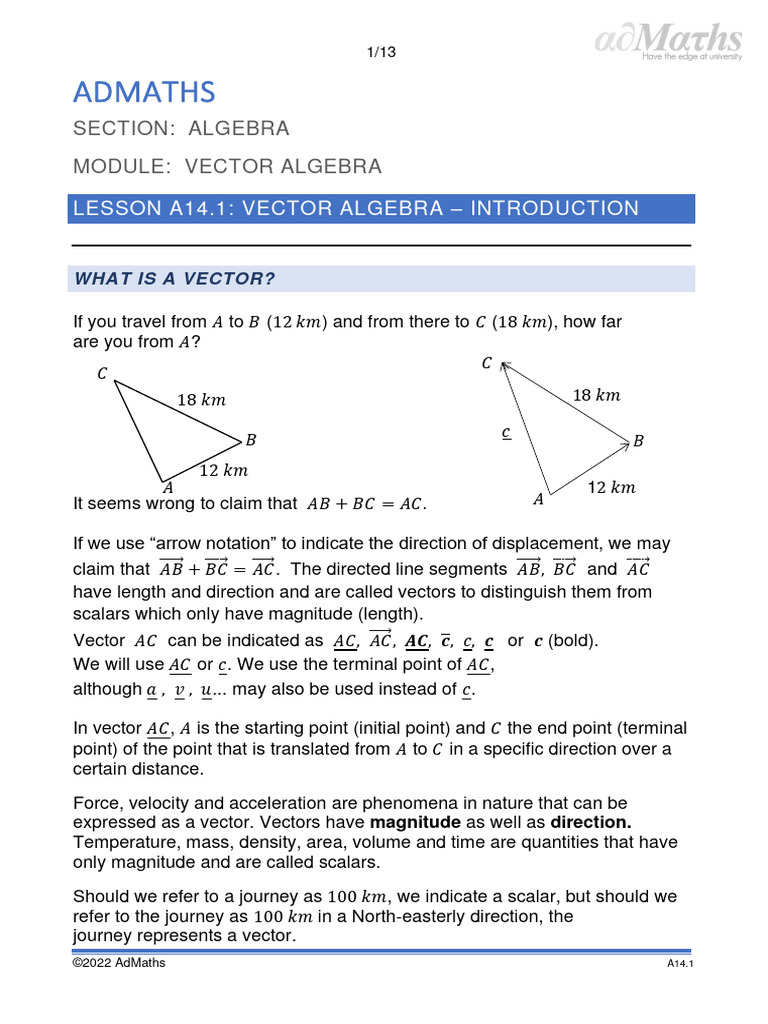 A14.1 e Vector Alg Introduction | PDF | Euclidean Vector | Mathematics