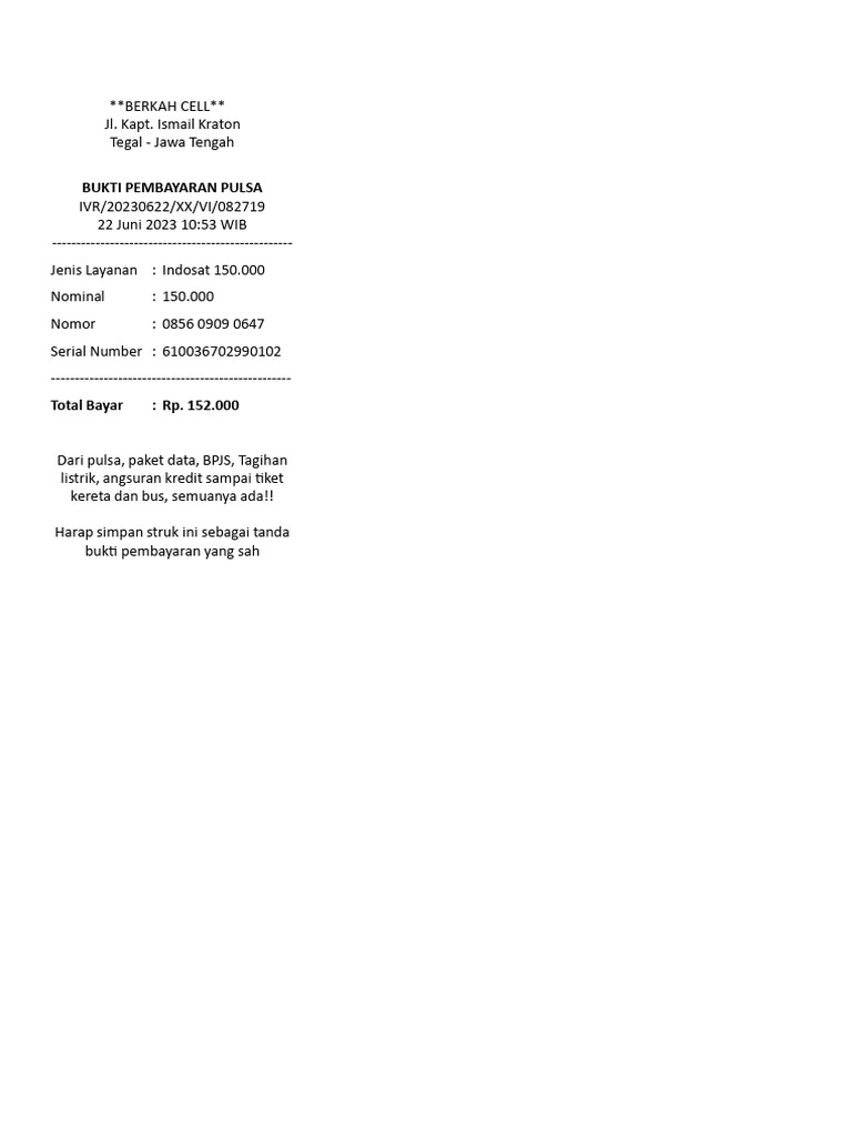 Bukti Pembayaran Pulsa Indosat | PDF | Bisnis