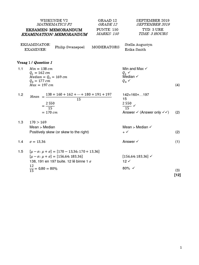 Grade 12 Maths P2 September 2019 Memo | PDF | Geometry | Trigonometry