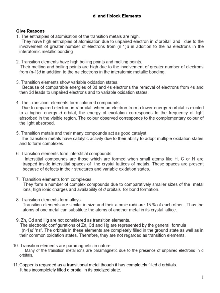 8.d and F Block Elements | PDF | Transition Metals | Electron Configuration