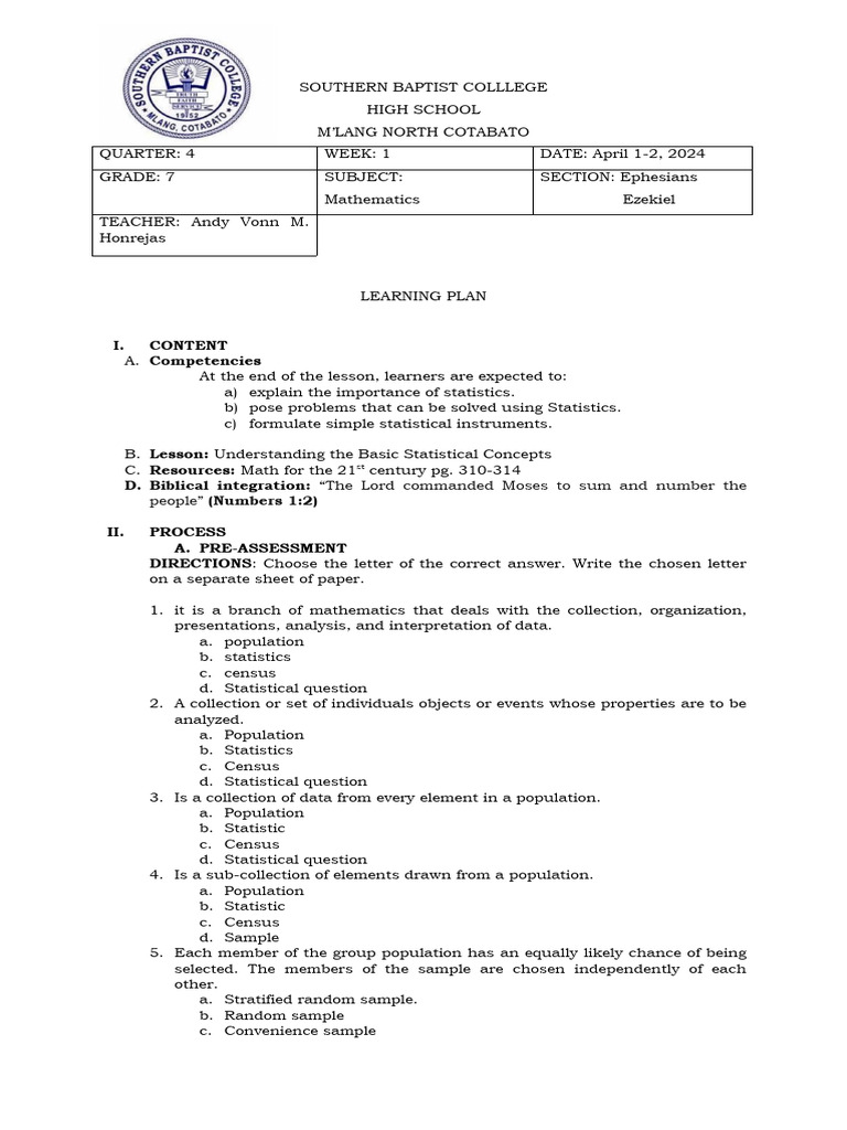 4th Quarter Lesson Plan Introduction in Statistics | PDF | Sampling ...