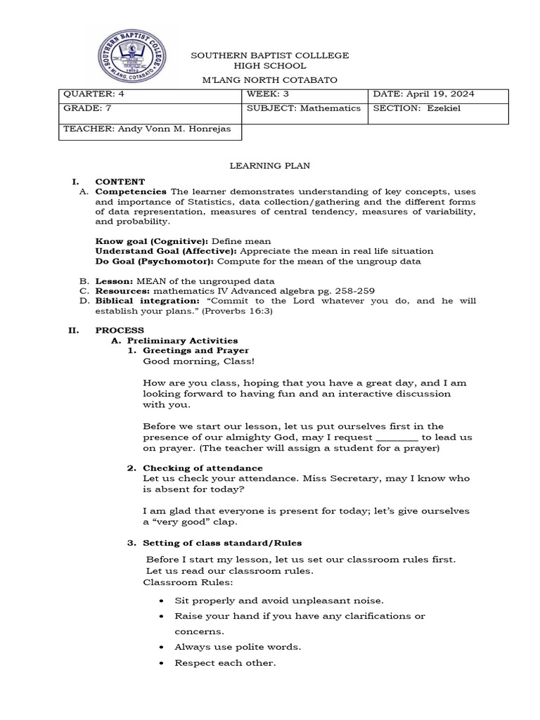 4th Quarter Lesson Plan MEAN of The Ungrouped Data | PDF | Mean | Cognition