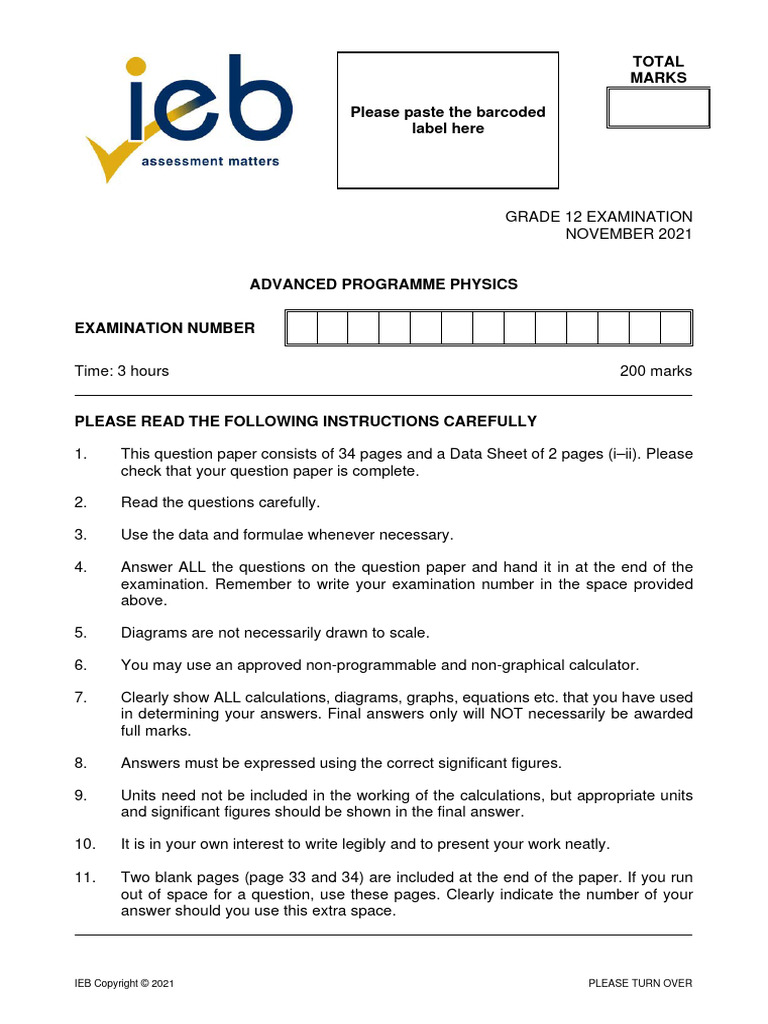 Past Exam Papers Advanced Programme Physics Ieb Nsc Grade 12 Past Exam Papers 2021 p1 Question ...