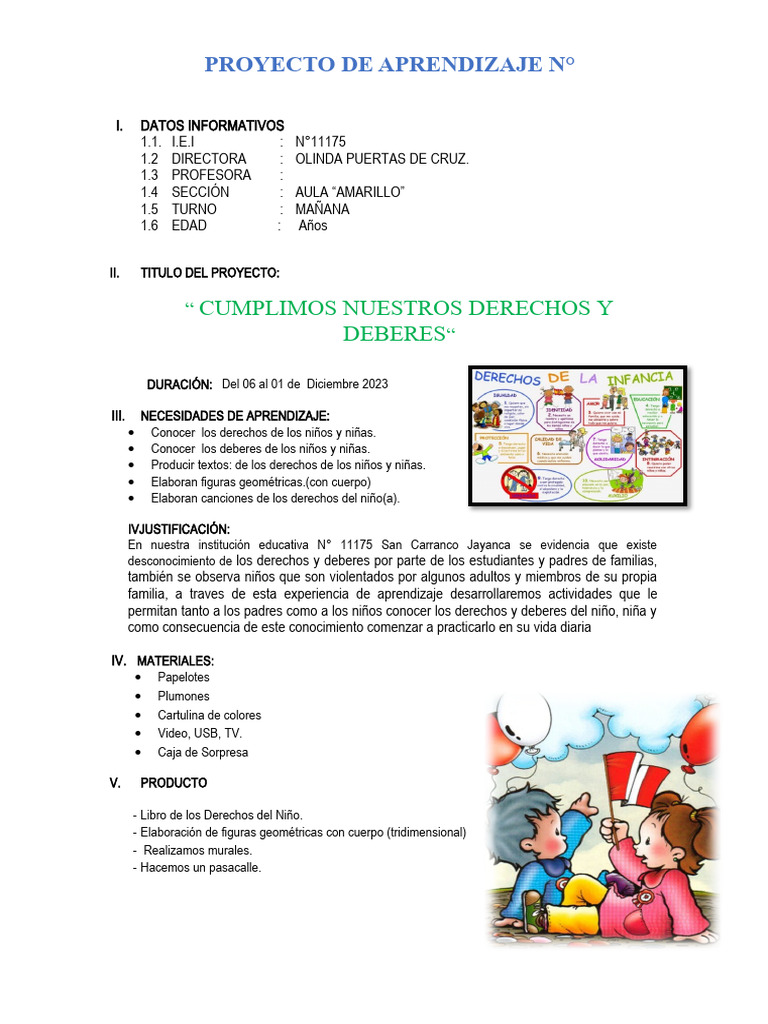 Proyecto 9 Derechos Del Niño Sofy | PDF | Aprendizaje | Evaluación