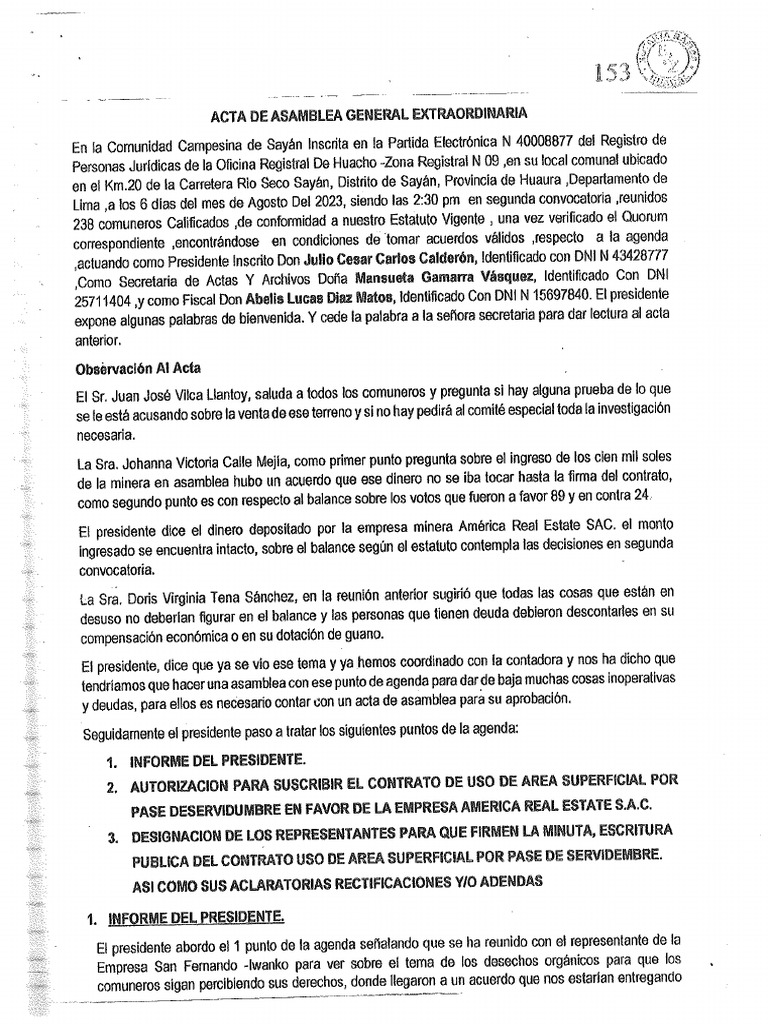 Acta Asamblea Comunal 060823-Compromisos Aresac | PDF