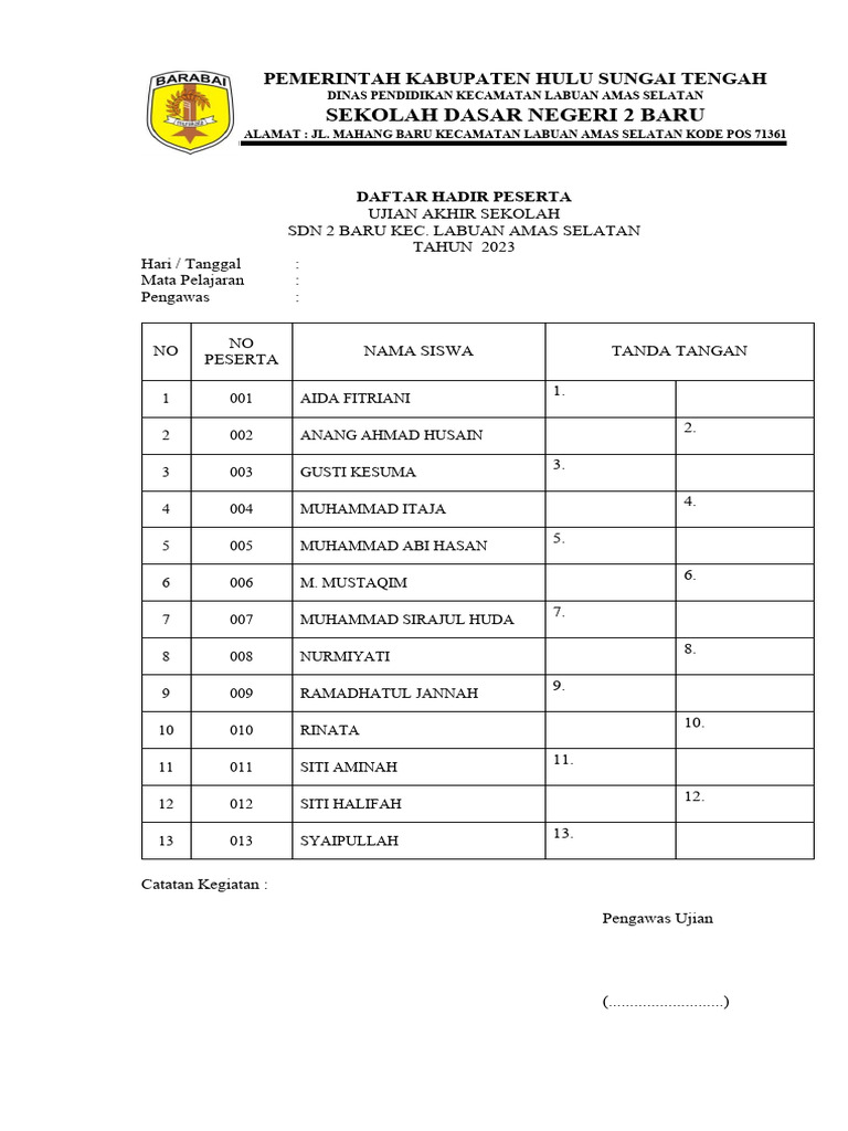 Daftar Hadir Peserta Ujian Sekolah 2023 | PDF