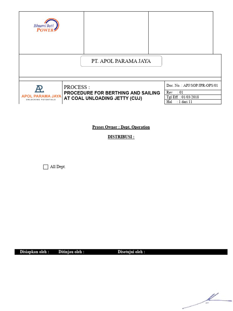 APJ.SOP.JPR-OPS.01 Berthing & Sailing | PDF | Ships | Water Transport