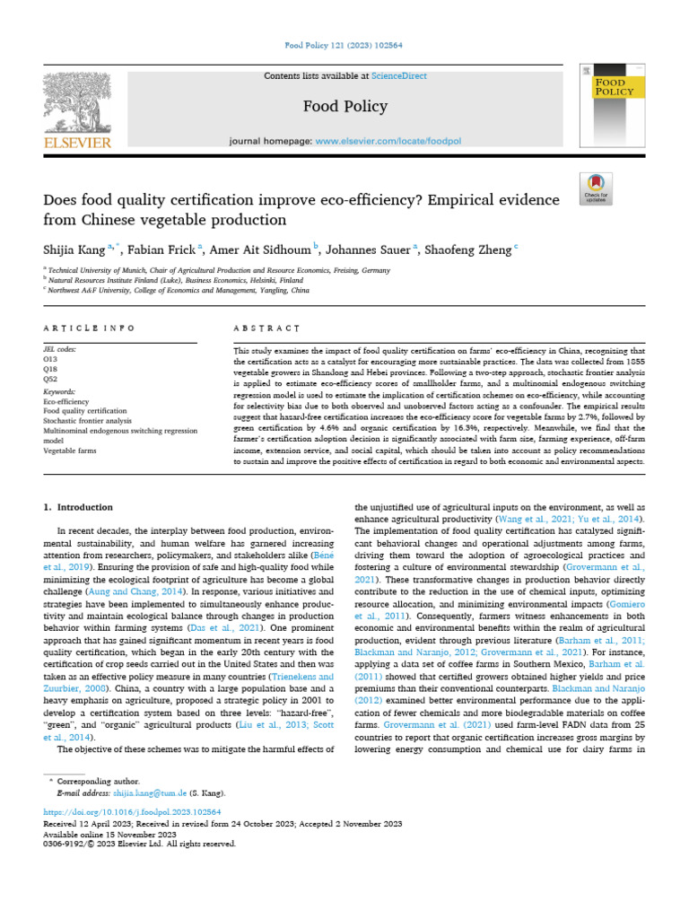 Does Food Quality Certification Improve Eco-Efficiency - Empirical ...