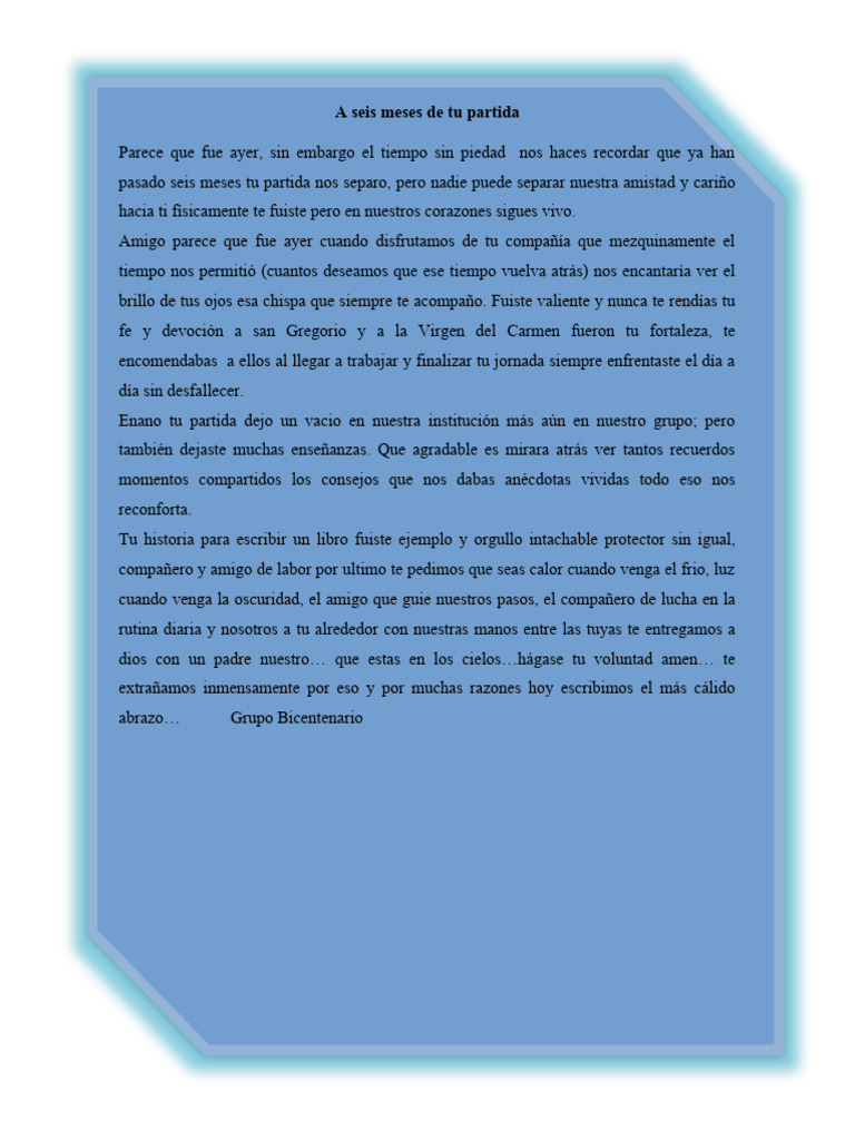 Recuerdos A Seis Meses De Tu Partida Pdf