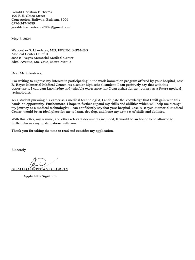 Application for Work Immersion Program | PDF