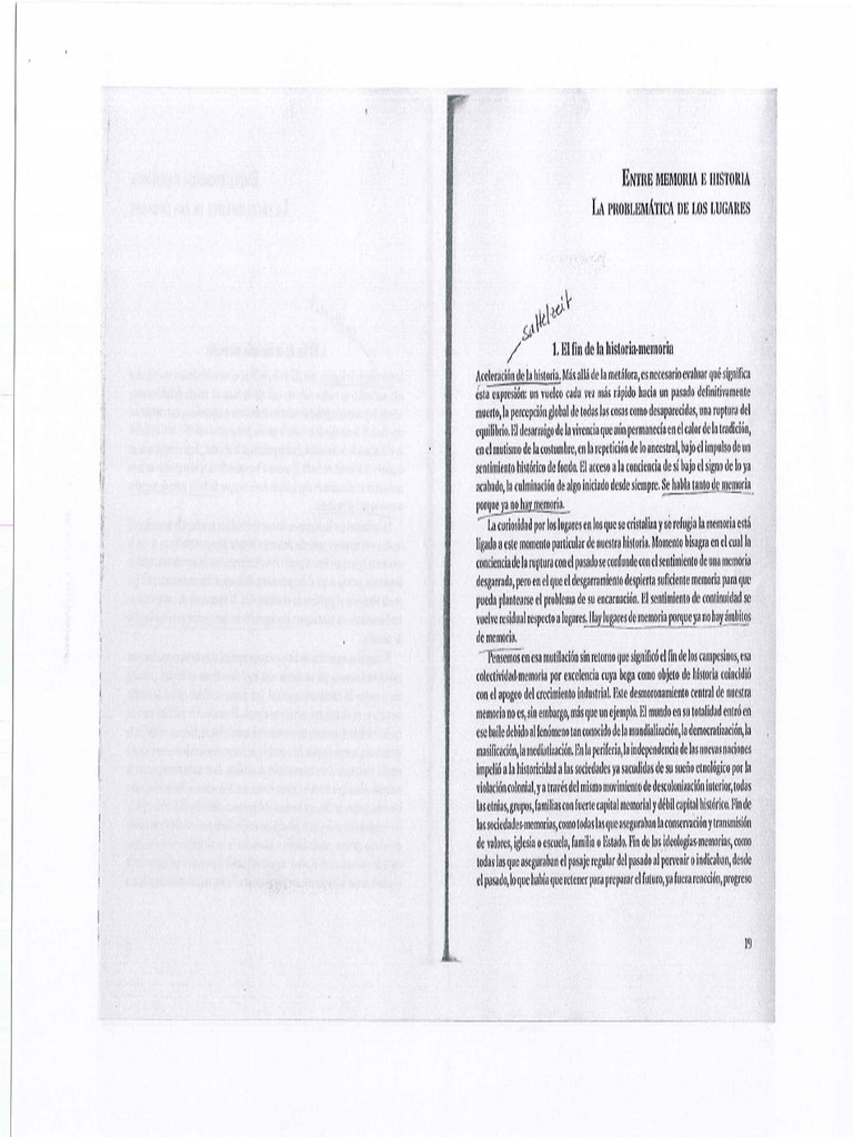Nora, P. "Entre Memoria e Historia. La Problemática de Los Lugares" | PDF
