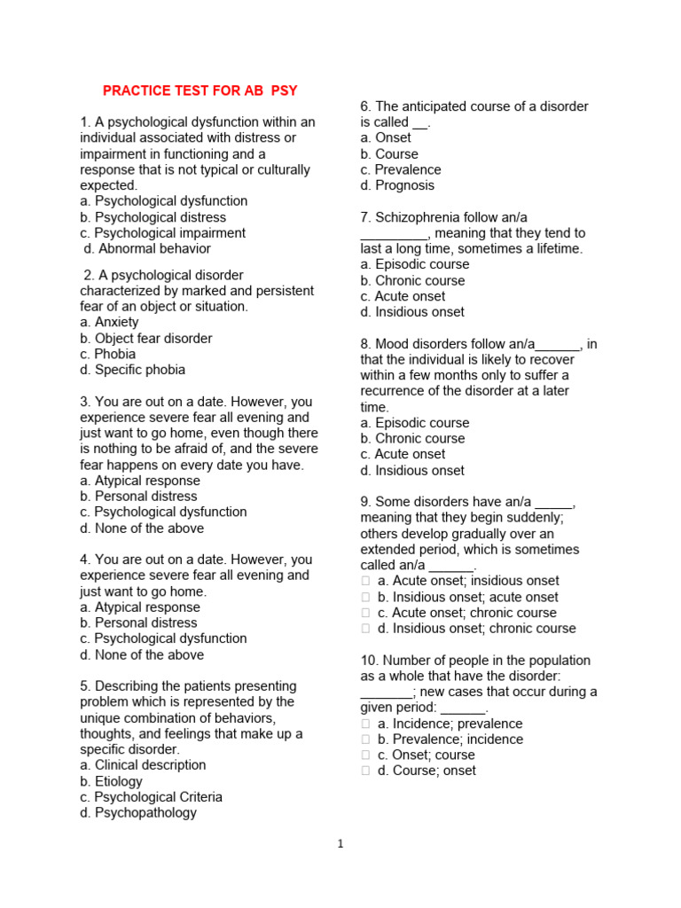 Practice Test For Ab Psy 100 Items Pdf Anxiety Disorder Mental