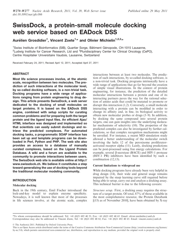 Swissdock, A Protein-Small Molecule Docking Web Service Based On Eadock ...