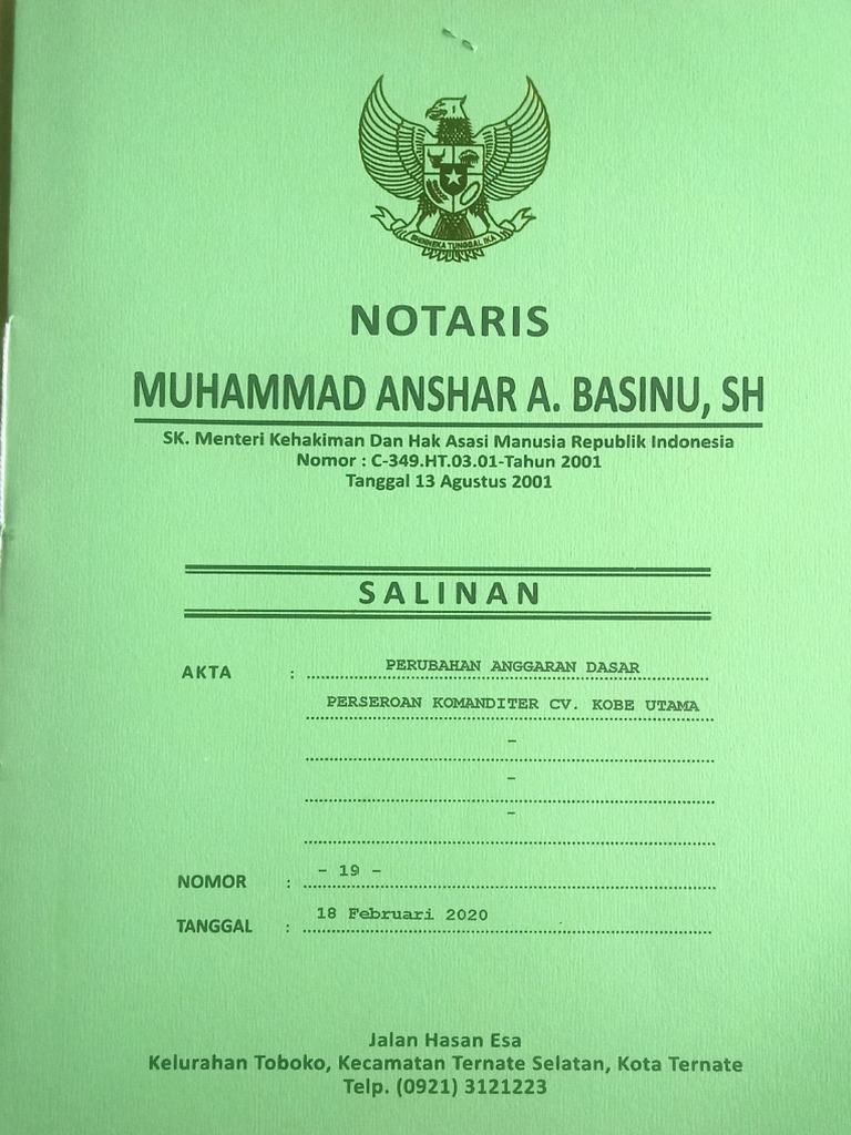 Akta Notaris Cv. Kobe Utama | PDF
