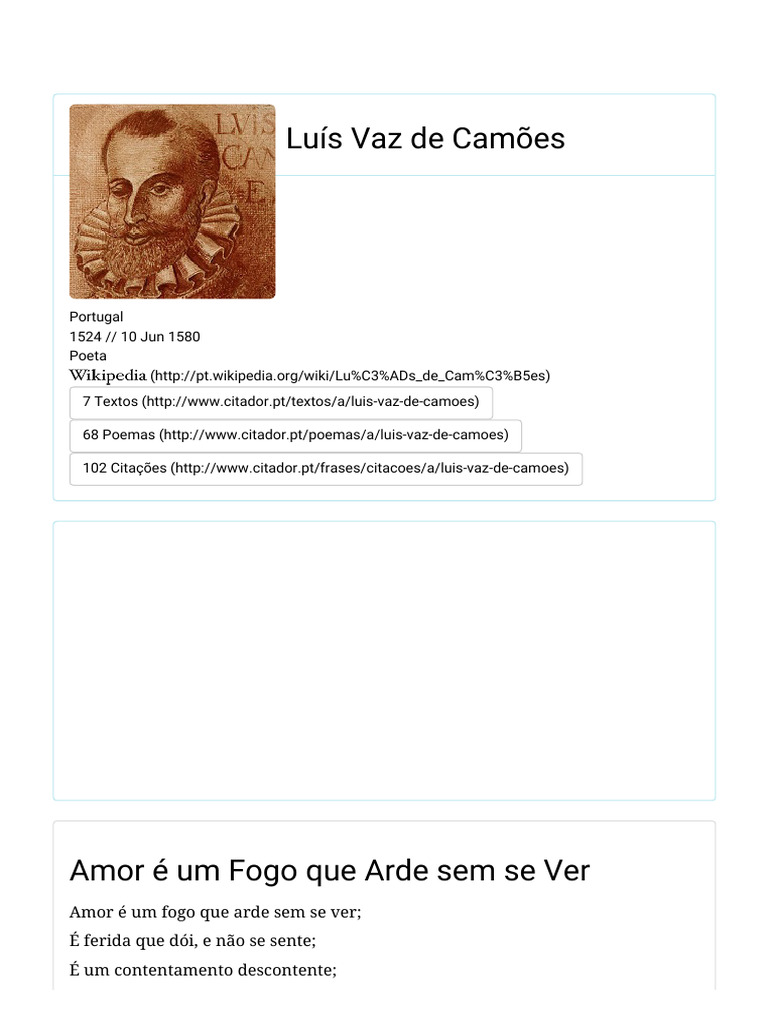Poema - Amor É Um Fogo Que Arde Sem Se Ver - Luís Vaz Camões - Poesia, Poemas No Citador | PDF ...