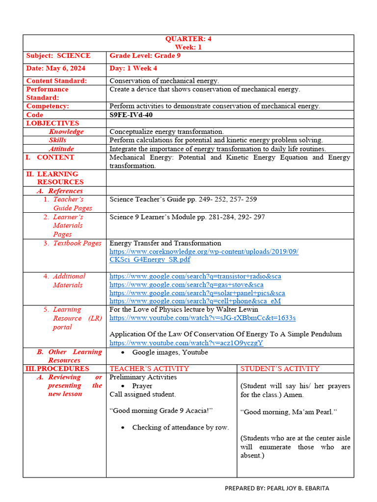 lesson-plan | PDF | Potential Energy | Kinetic Energy