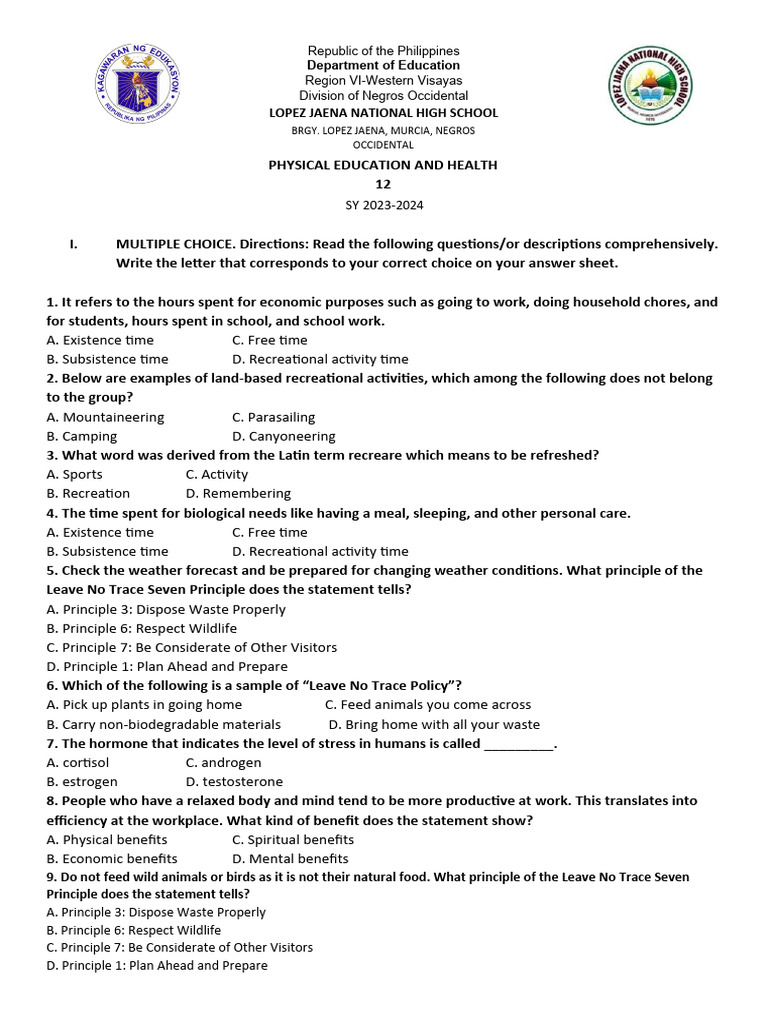 Pe and Health 12 Exam 3RD Quarter | PDF | Physical Fitness ...