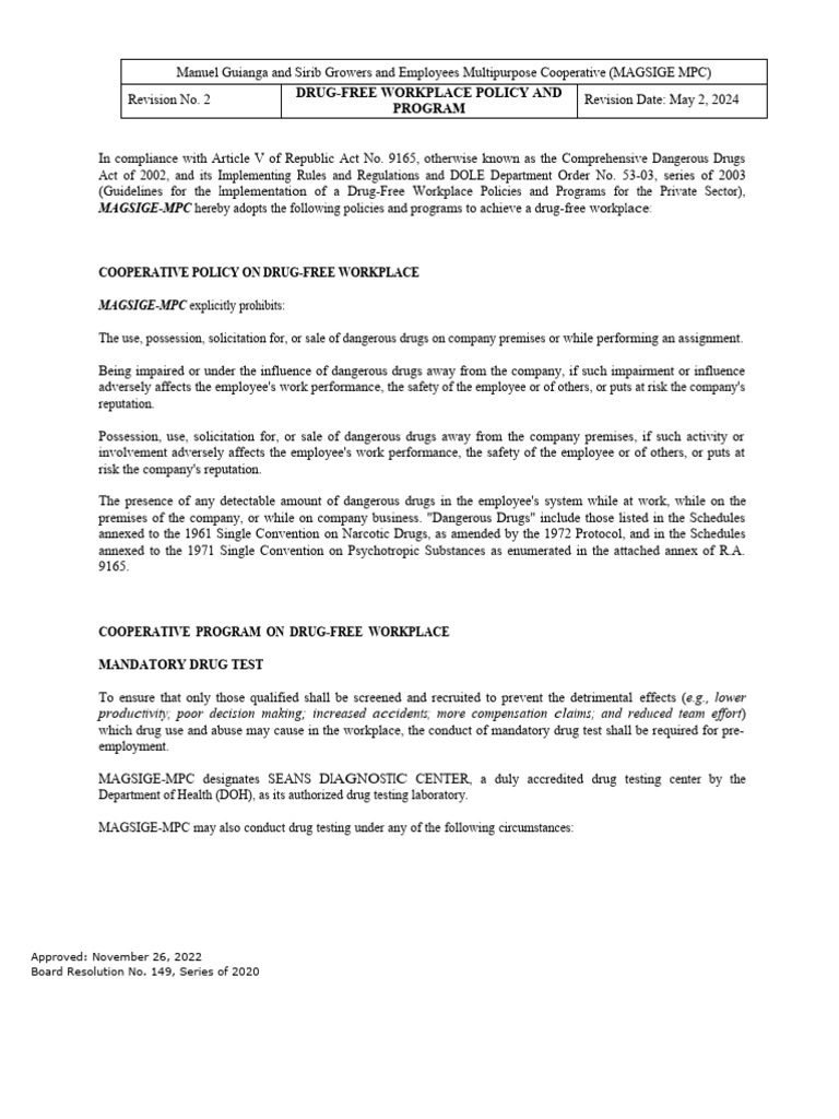 Policy On Drug-Free Workplace-Final | PDF | Drug Test | Employment