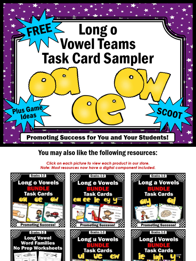 Long o Vowel Teams Task Card Sampler: Promoting Success For You and ...