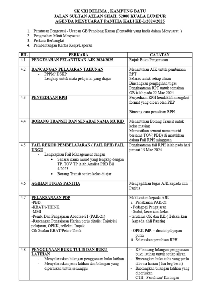 Agenda Mesyuarat Panitia Bil 1,2024 | PDF
