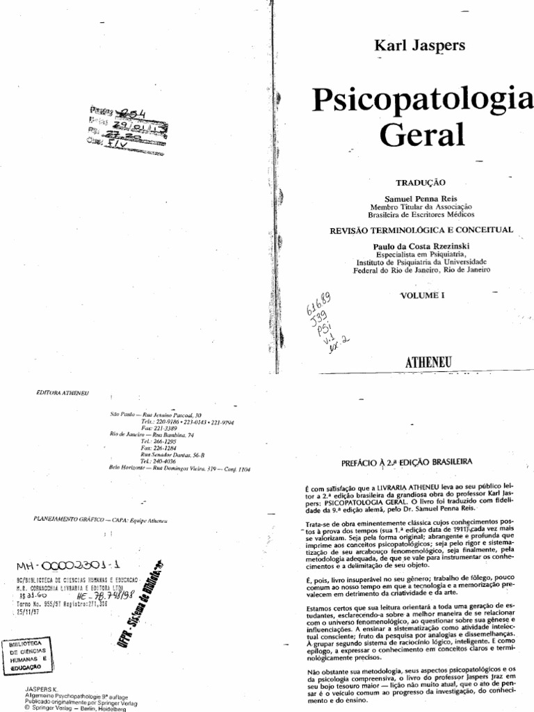 Karl Jaspers - Psicopatologia Geral Volume 1 | PDF