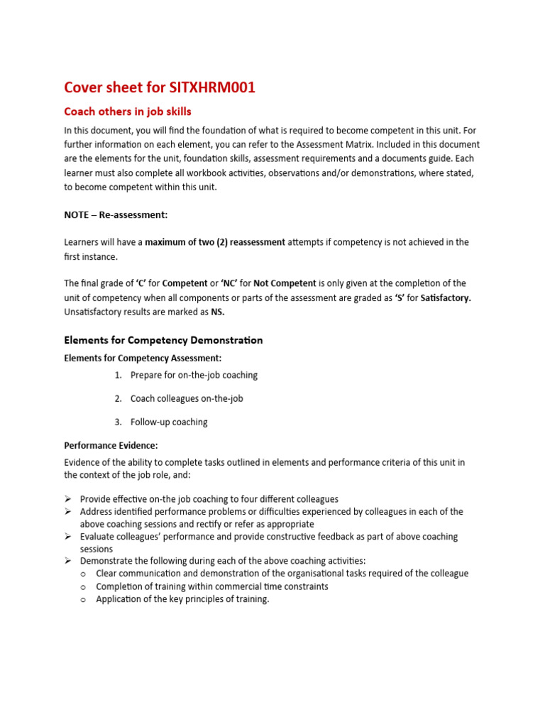 SITXHRM001 Cover Sheet V1.0 | PDF | Educational Assessment | Learning