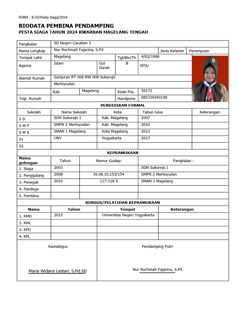 Form Biodata Pesta Siaga 2024 Kwarran Magelang Tengah | PDF