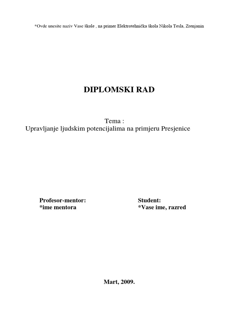 Upravljanje Ljudskim Potencijalima Na Primjeru Presjenice - Diplomski Rad | PDF