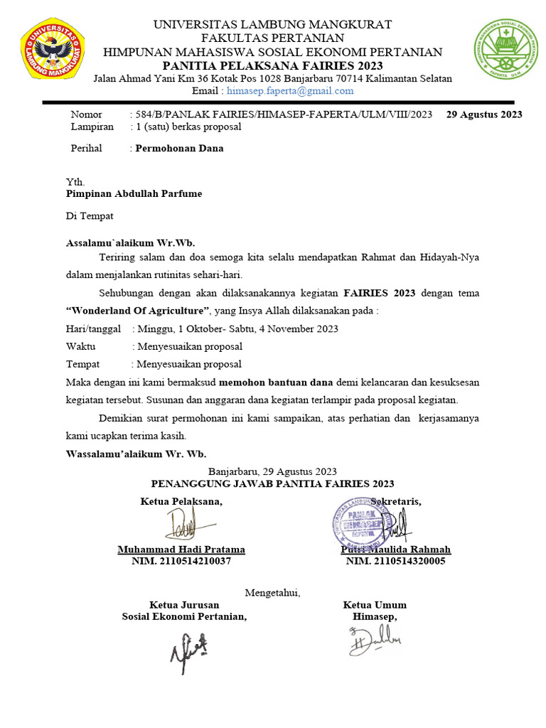 Surat Permohonan Dana Abdullah Parfumee | PDF | Ilmu Sosial | Sains ...