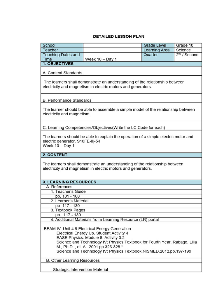 Grade 10 Science Lesson Plan: Electricity & Magnetism | PDF ...