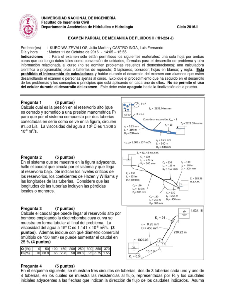 Examen Parcial HH224J 2016-II | PDF | Mecánica de fluidos | Mecánica