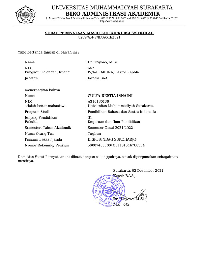 Surat Pernyataan Mahasiswa UMS 2021 | PDF